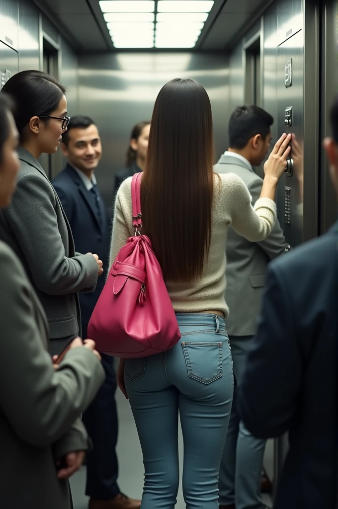 The image shows the interior of an elevator with several people inside ...