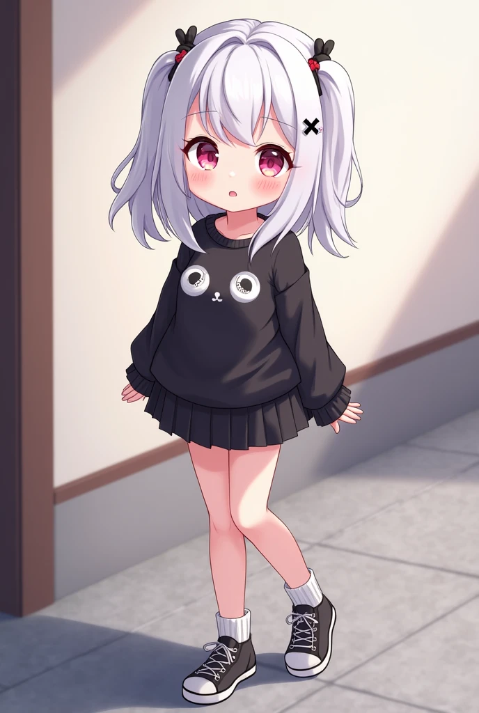 White hair with fringe , light pink eyes ,cute black glued top - SeaArt AI