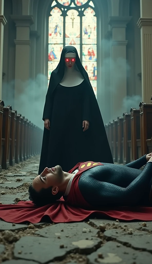 The demon-possessed demon nun watching Superman on the floor lying down ...