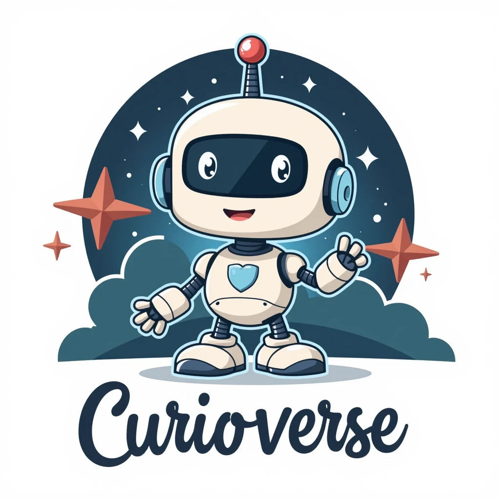 A logo for a youtube channel called Curioverse, the mascot is a cute robot - SeaArt AI