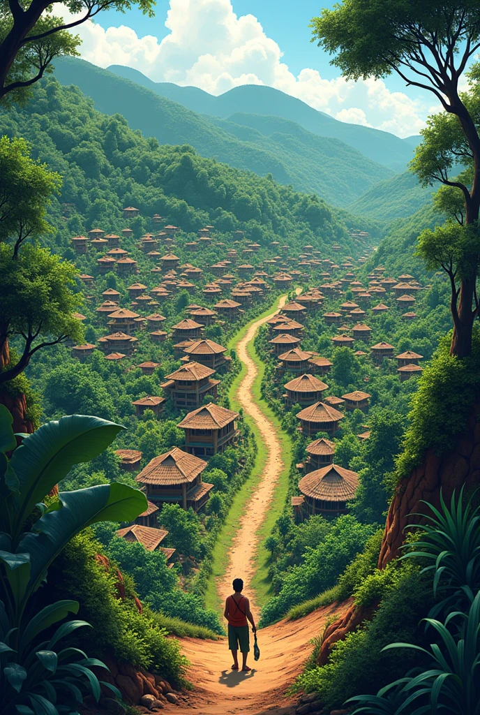 Comic , (View from a hill) a large tribe , Hundreds of homes - SeaArt AI