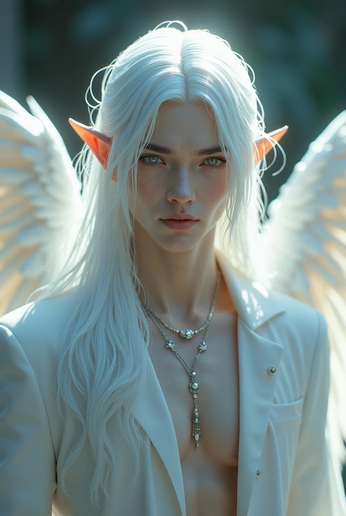 Male fae, man Fae, pale white skin, pointy ears, platinum white ...
