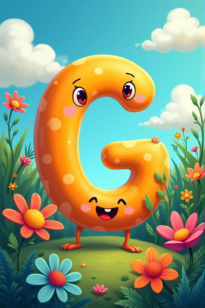 Cartoon letter G colourfull bright .greeny cloudy flowery background ...