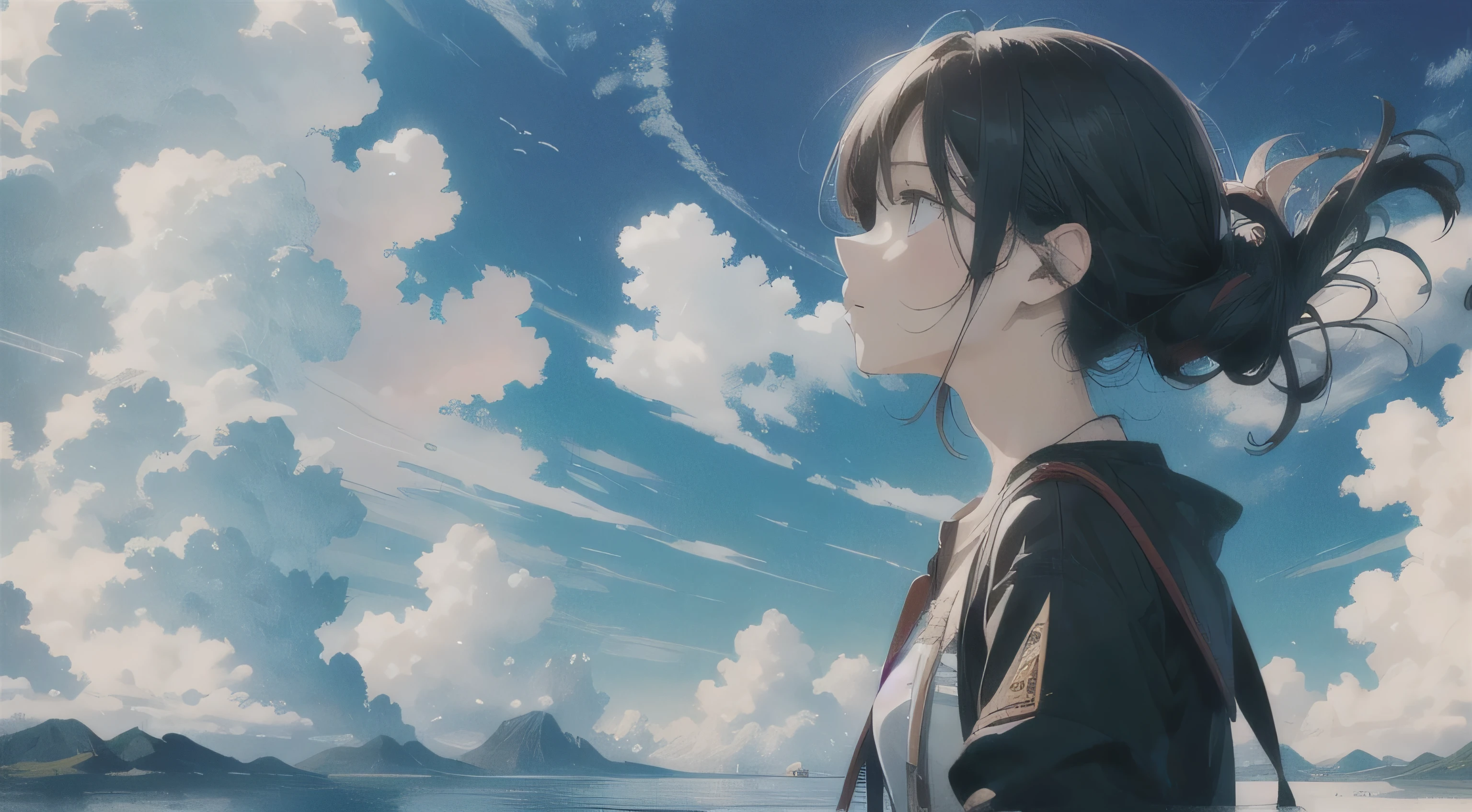 Anime girl with ponytail hair looking at the sky with clouds - SeaArt AI