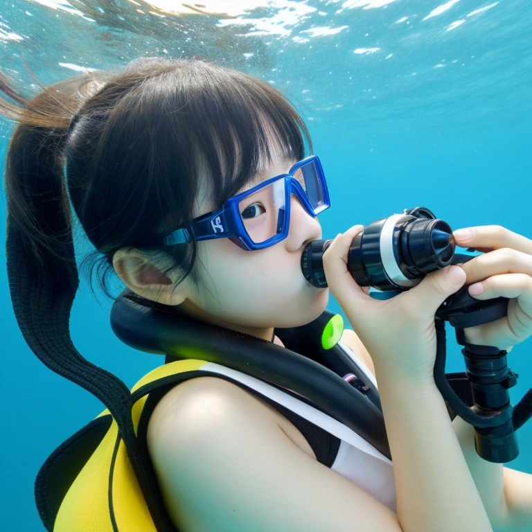 Japanese holding a regulator mouthpiece while practicing scuba breathing underw - SeaArt AI