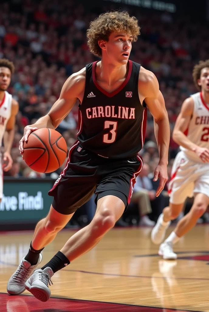 A white 20 year old man with light brown curly hair dribbling on the ...