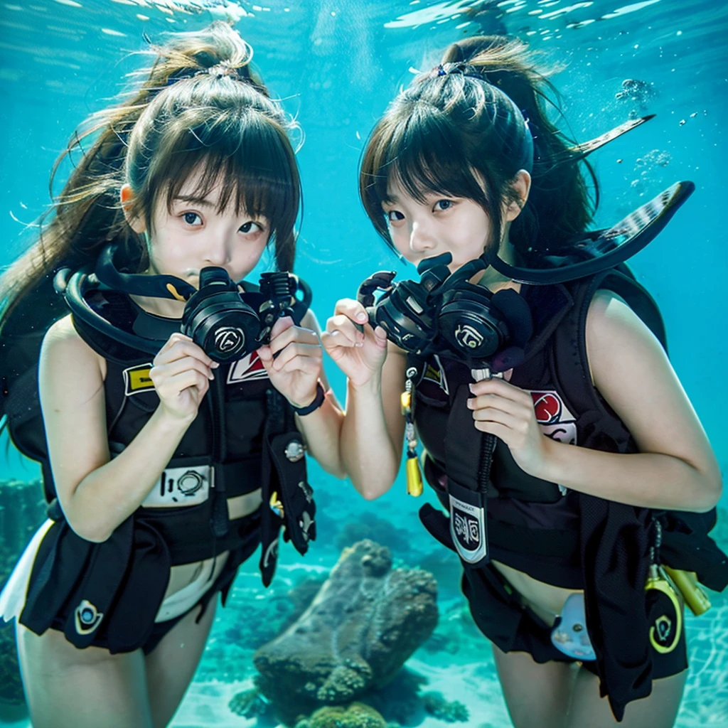 Two Japanese elementary school girls holding a regulator mouthpiece while practi - SeaArt AI