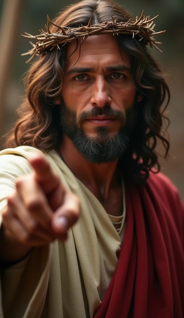 A realistic image of Jesus in the distance, looking at the camera with ...