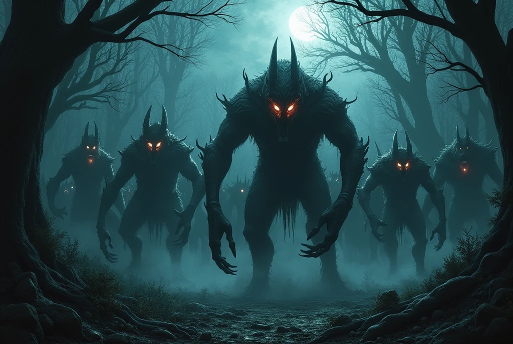 a horde of monsters coming out of the forest , a mix of beasts and ...