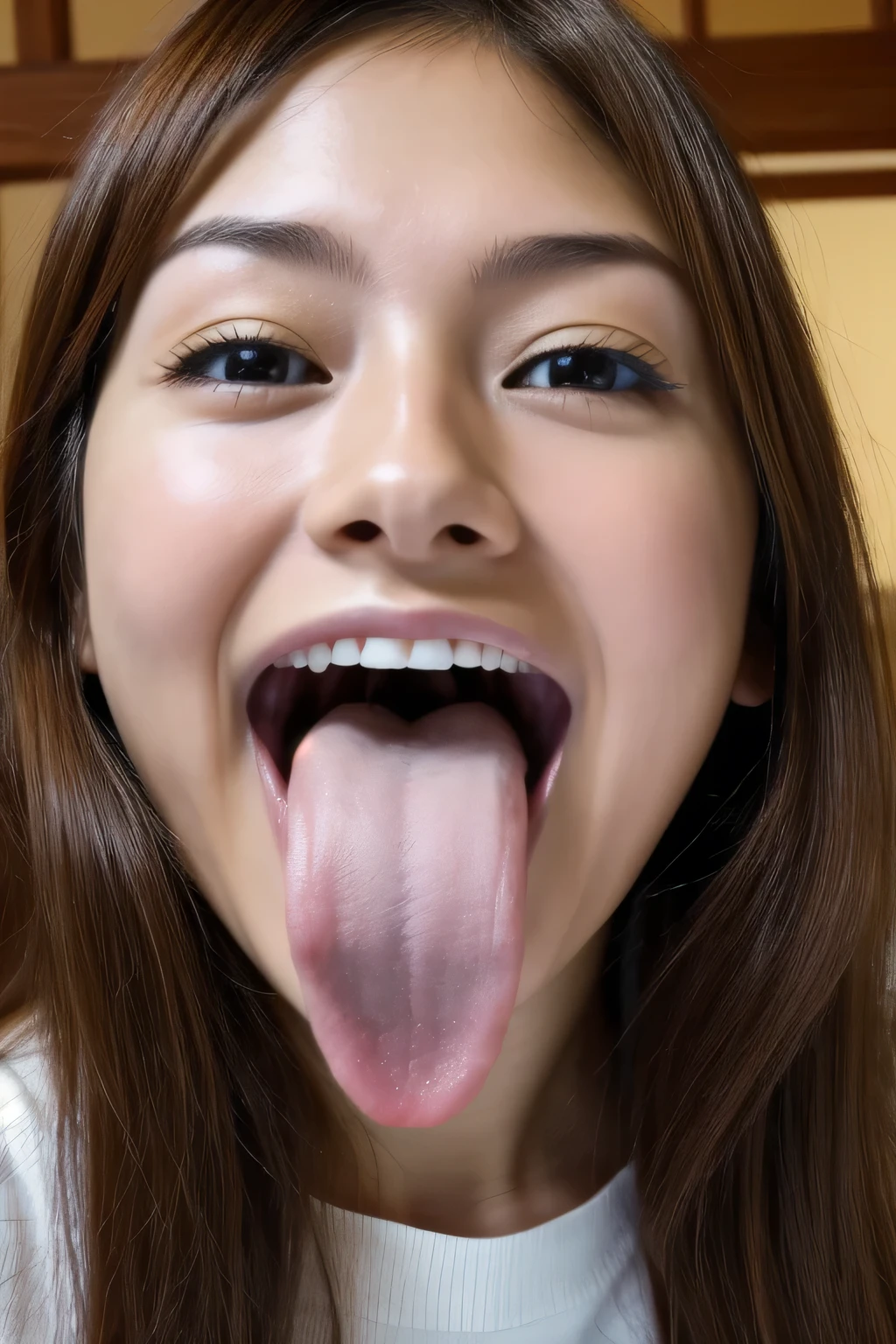 Araffed woman with long brown hair sticking out her tongue - SeaArt AI