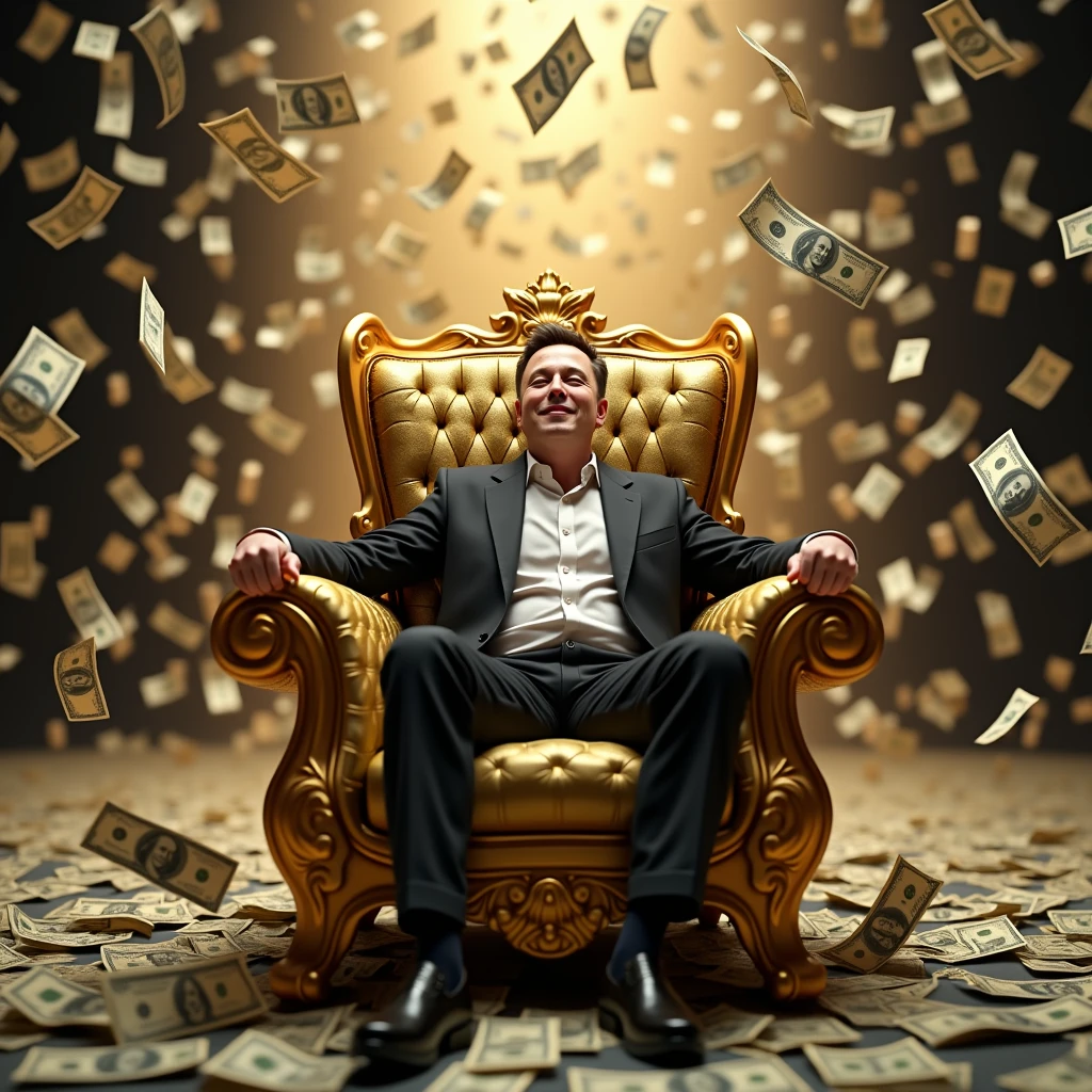 Elon Musk is sitting in a golden chair smiling, and countless dollars ...