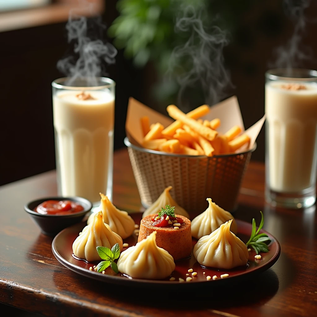 Prompt: "A visually stunning arrangement of appetizing food items ...