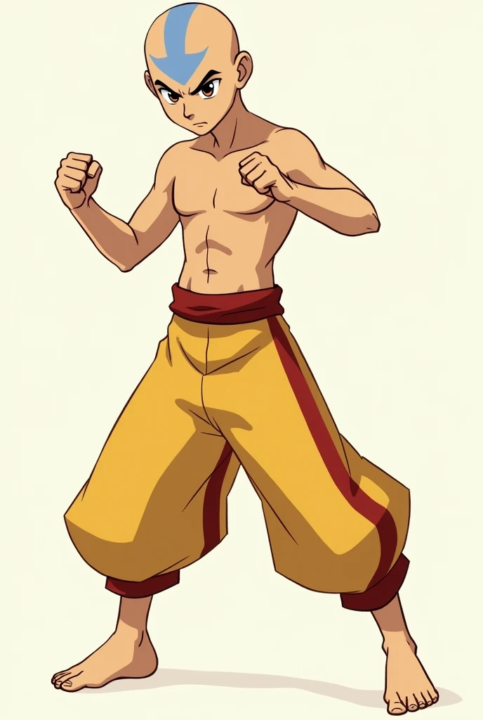 Aang (s ) wearing yellow pants with red line , barefoot and shirtless ...