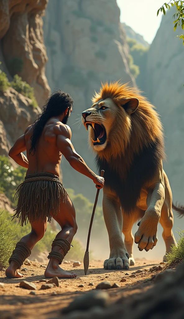 Stone age time Man fighting with lion - SeaArt AI