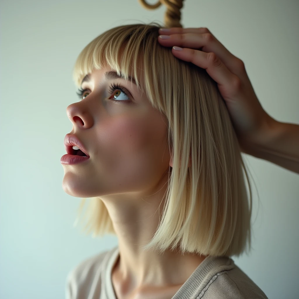 Close view of a beautiful young european hanged woman's head in profile ...