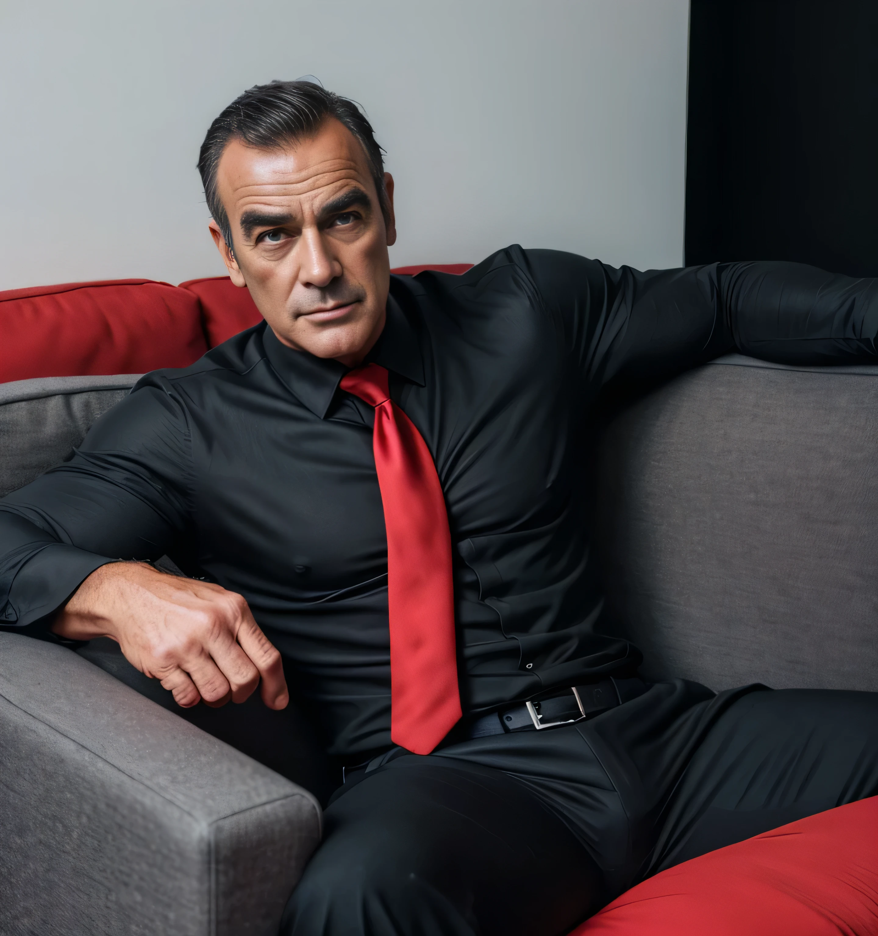 Arafed man in a black shirt and red tie sitting on a couch - SeaArt AI