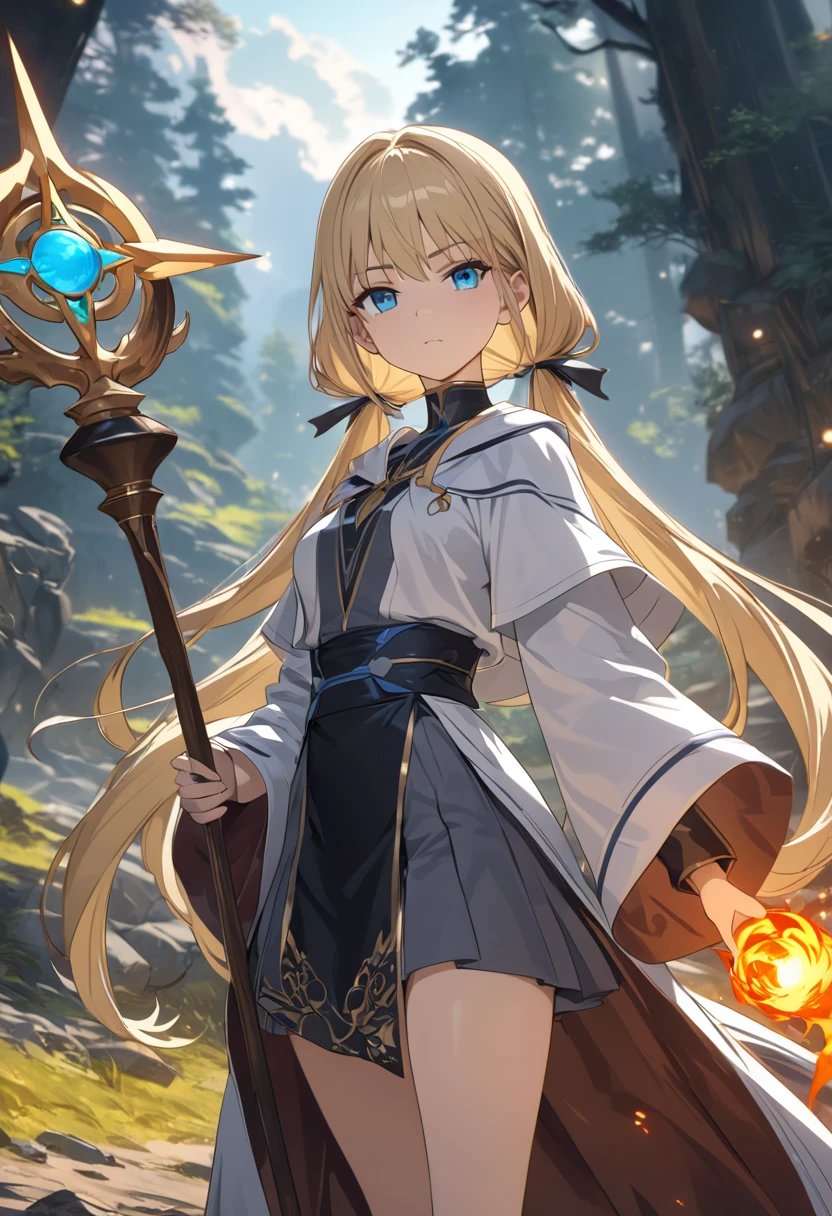 A girl with long blonde twin-tailed hair, slender build, small chest ...