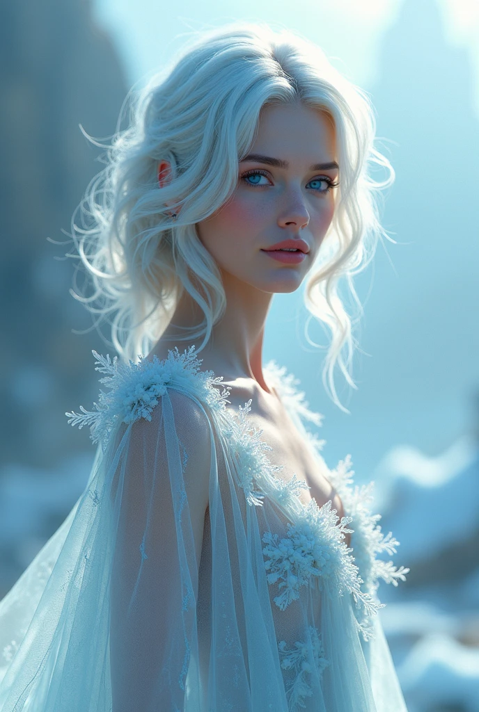 An elegant woman with ice blue hair and light blue eyes. - SeaArt AI