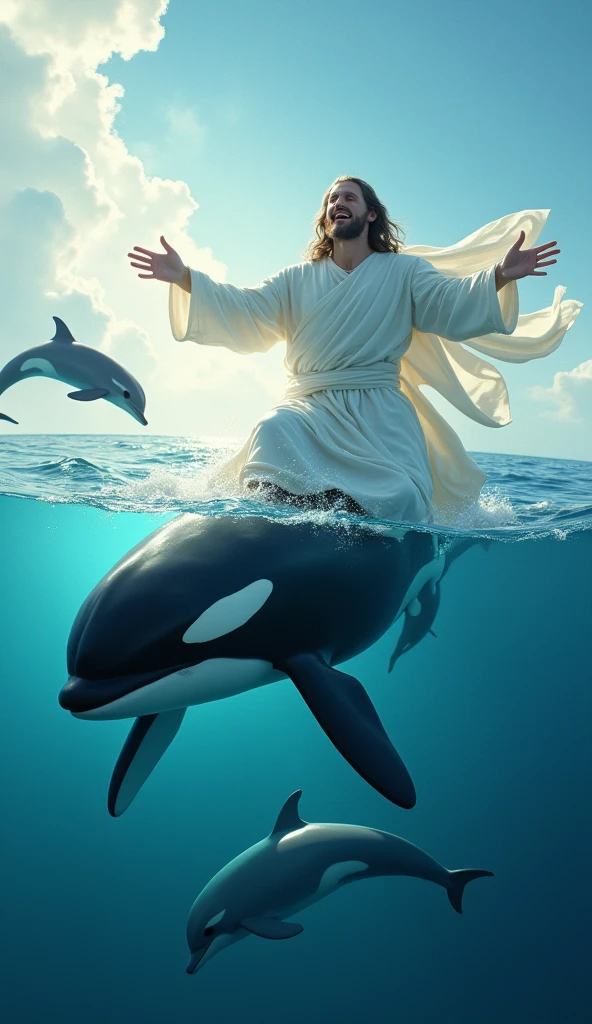 Jesus in white happily rides on the back of an orca, gliding across the ...