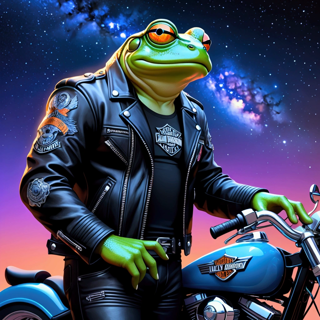 An extremely badass anthropomorphic light blue and white bullfrog ...