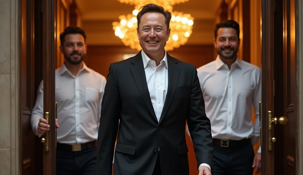 Elon Musk walks out of a restaurant, dressed in formal clothes - SeaArt AI