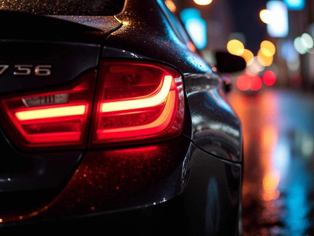 Car taillight, glowing red brake light, nighttime urban scene - SeaArt AI