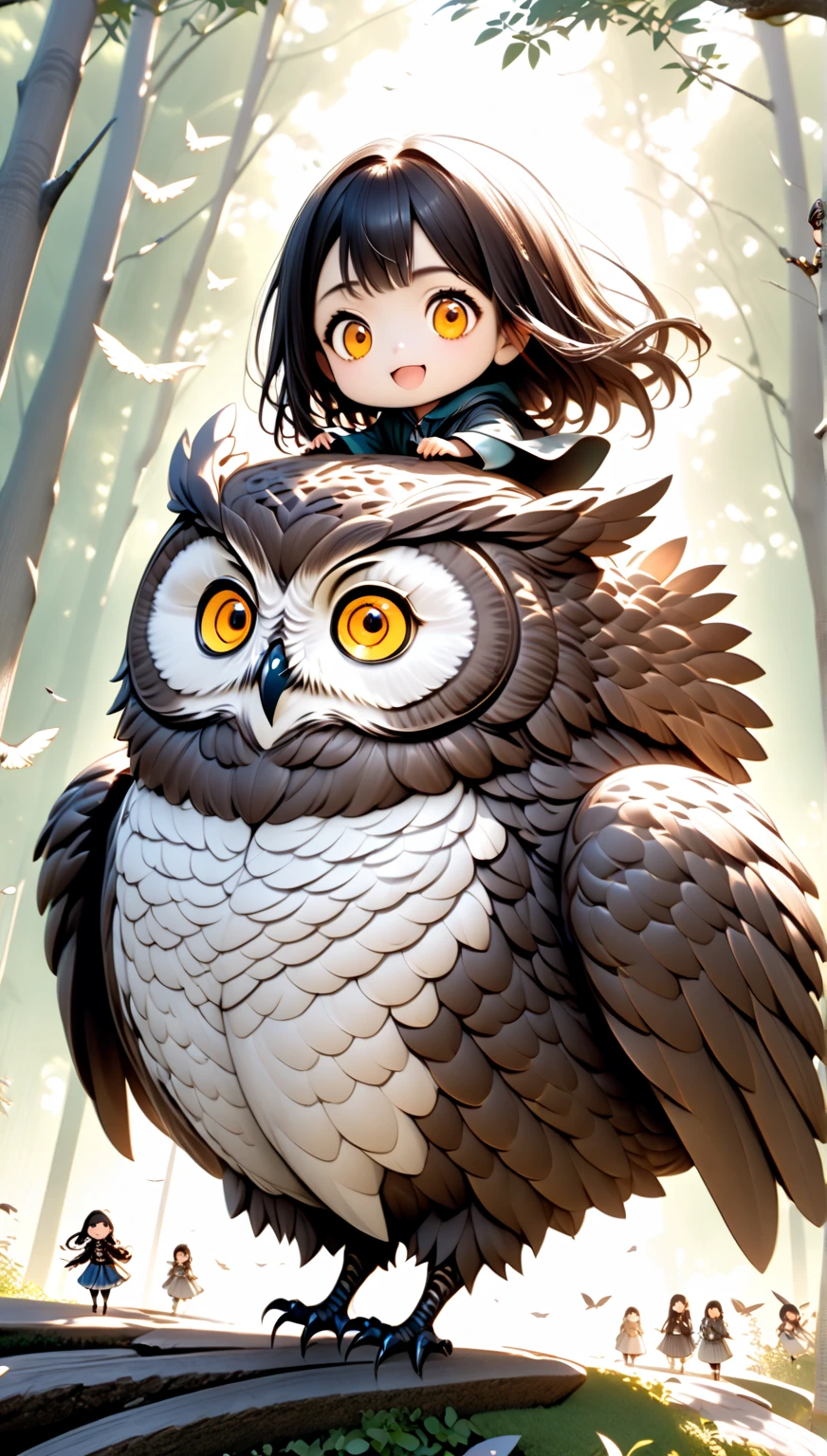 GIRL RIDING A GIANT OWL , Hzk, Ultra Miniature Girl , - SeaArt AI