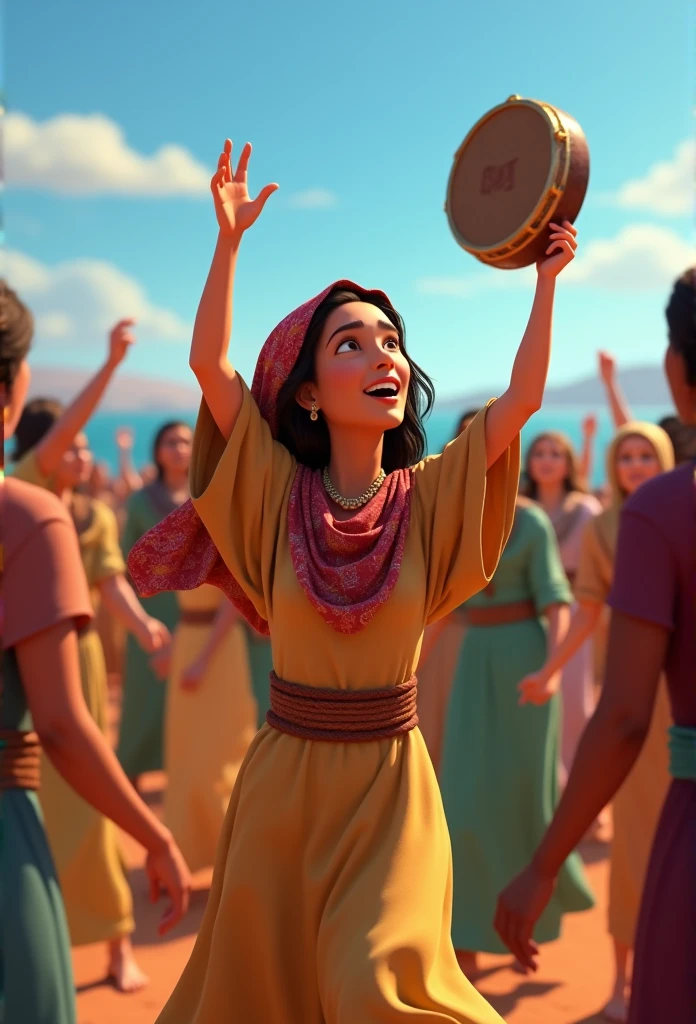 Miriam, now an adult, is depicted mid-dance with a tambourine raised ...