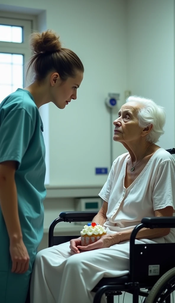An elderly woman, very thin and frail, with white hair, sitting in a ...