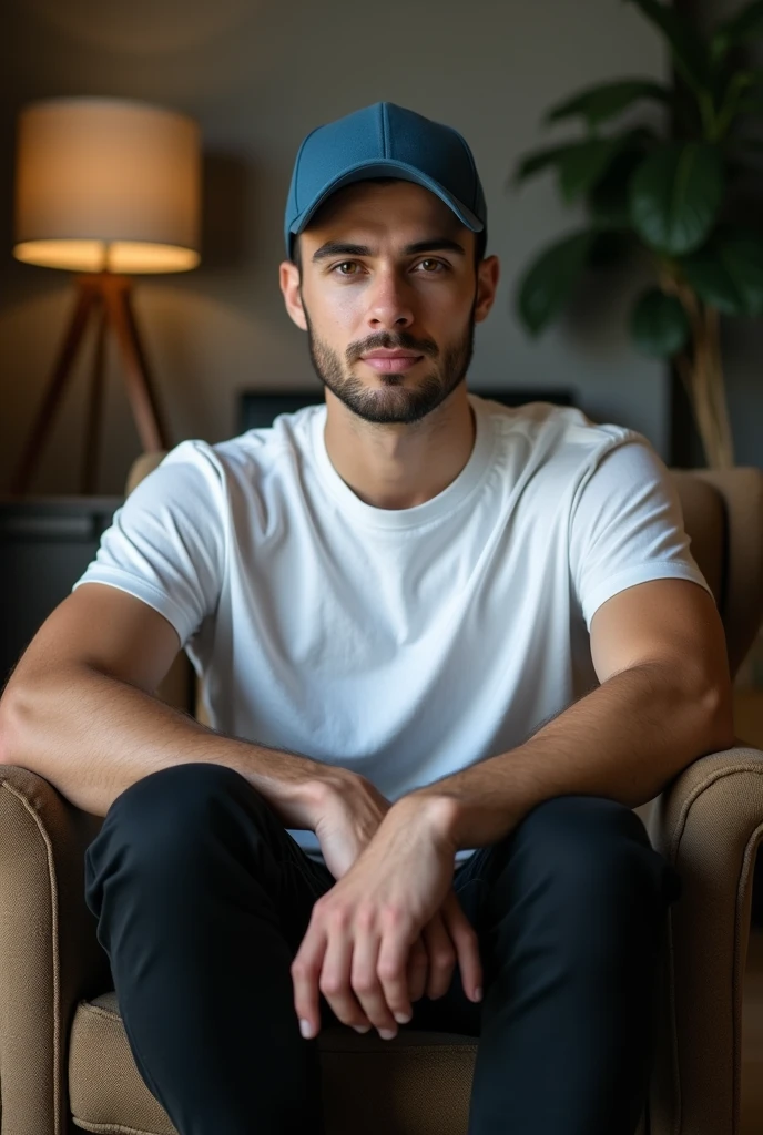 A handsome 28-year-old man sitting in the armchair looking at the ...