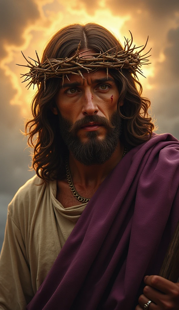 A dramatic close-up of Jesus Christ, focusing on his face in ultra ...