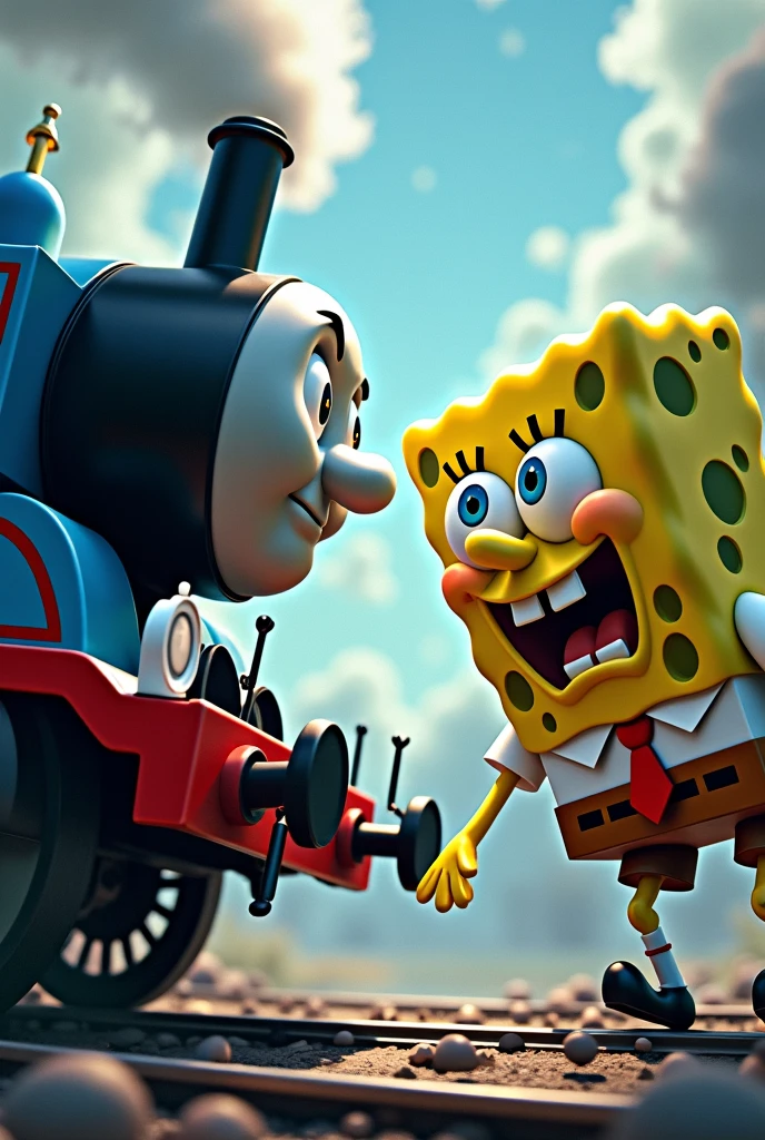 Thomas the train beats up spongebob - SeaArt AI