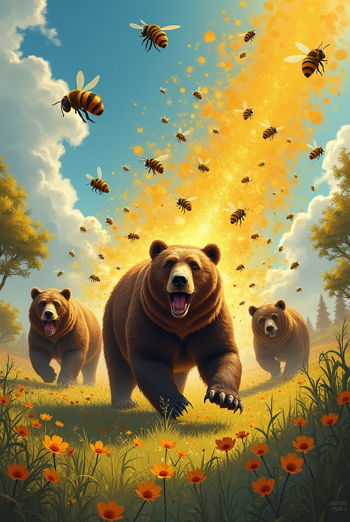 Bees chasing bears, the sky is full of bees. - SeaArt AI