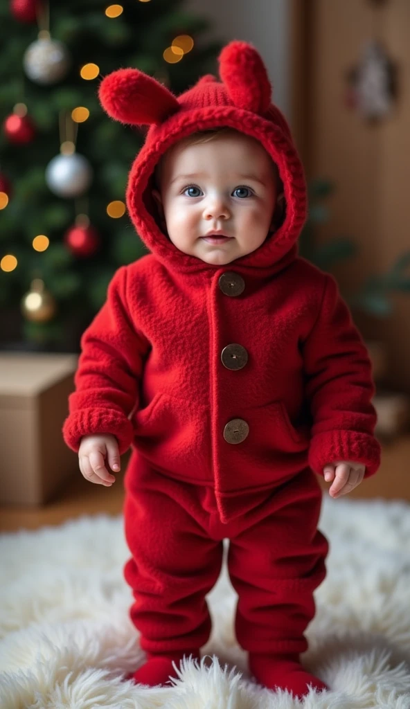 Realistic photo of a cute baby dressed in red winter clothes - SeaArt AI