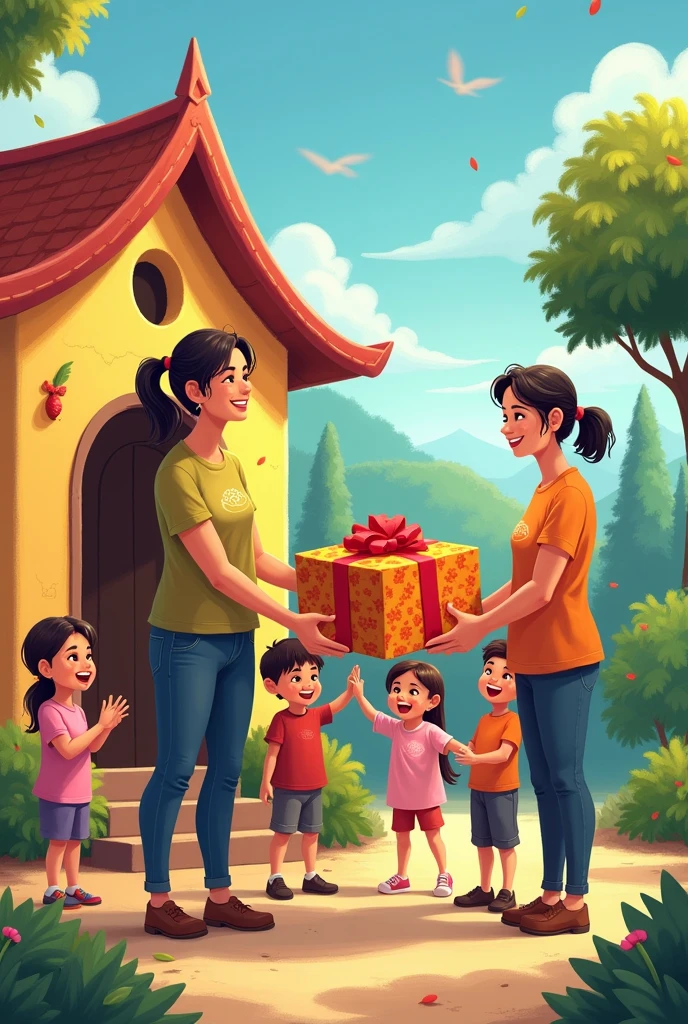 Volunteers gift orphanage rens cartoon hand draw - SeaArt AI