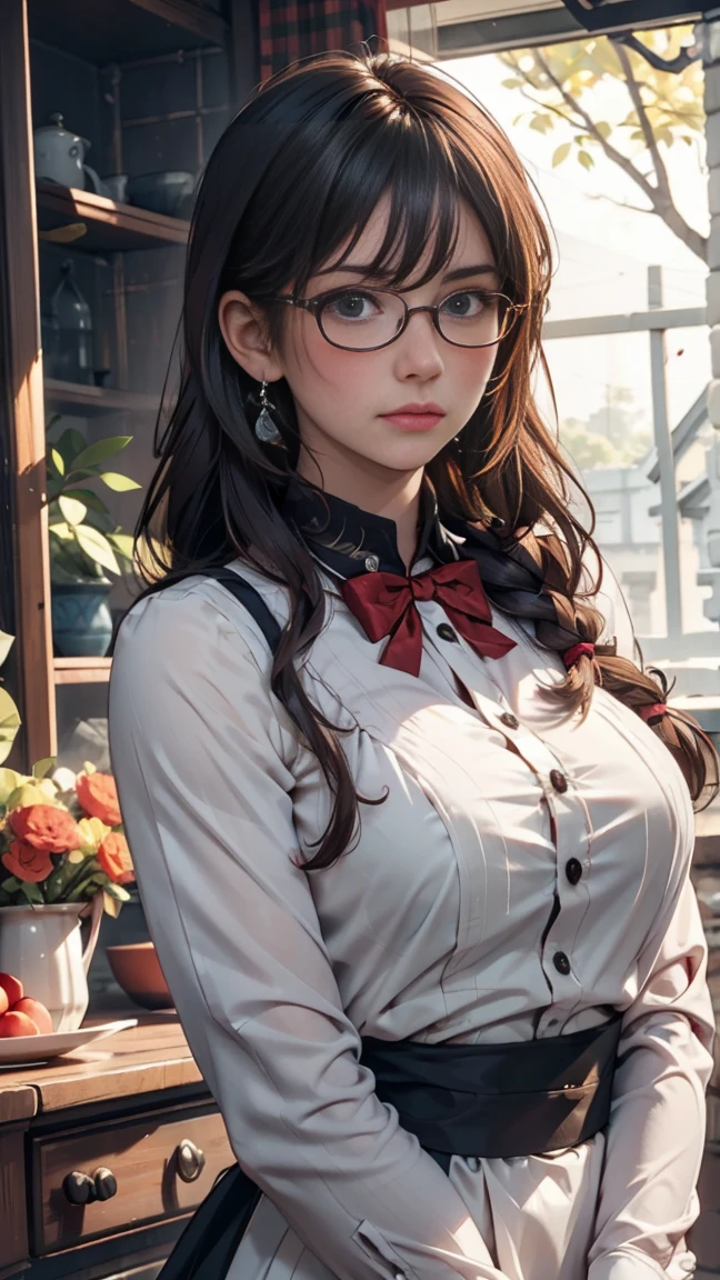 Serious and diligent young girl with glasses,neat long black hair ...