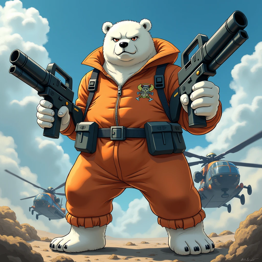 Bepo de One Piece, tenue orange, ametralladoras, helicóptero de combate ...