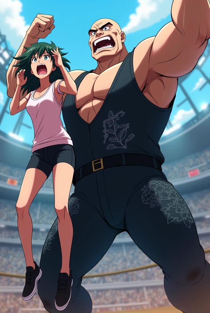 ( Anime-style photo ) giant man, muscular and bald man smiling in a ...