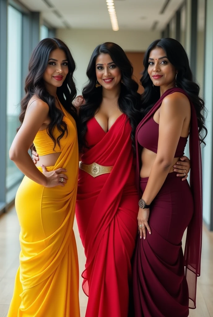 3 Indian white skin ladies, curvy body, low hip saree, in office ...