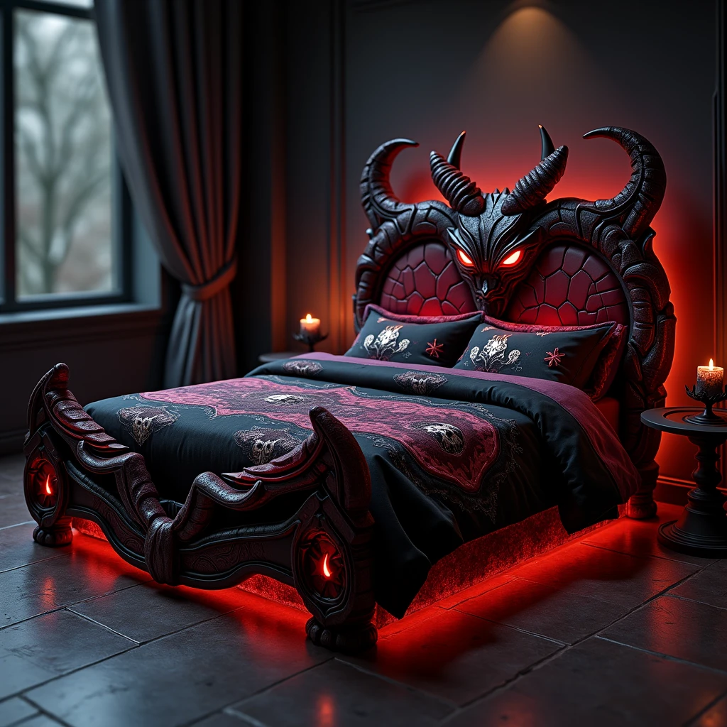 "A dark, edgy bed design inspired by the imagery of a demon, with sharp ...
