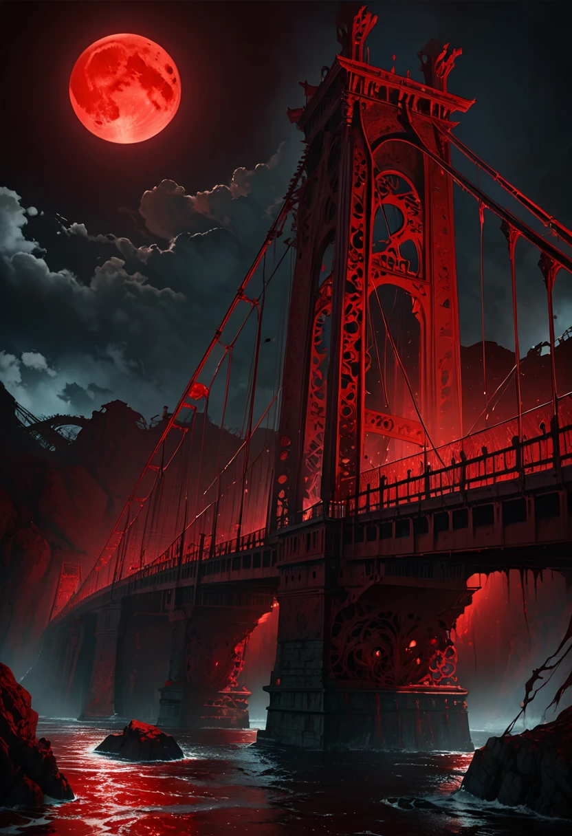 Dark crimson image work, an old suspension bridge stretching out from a ...