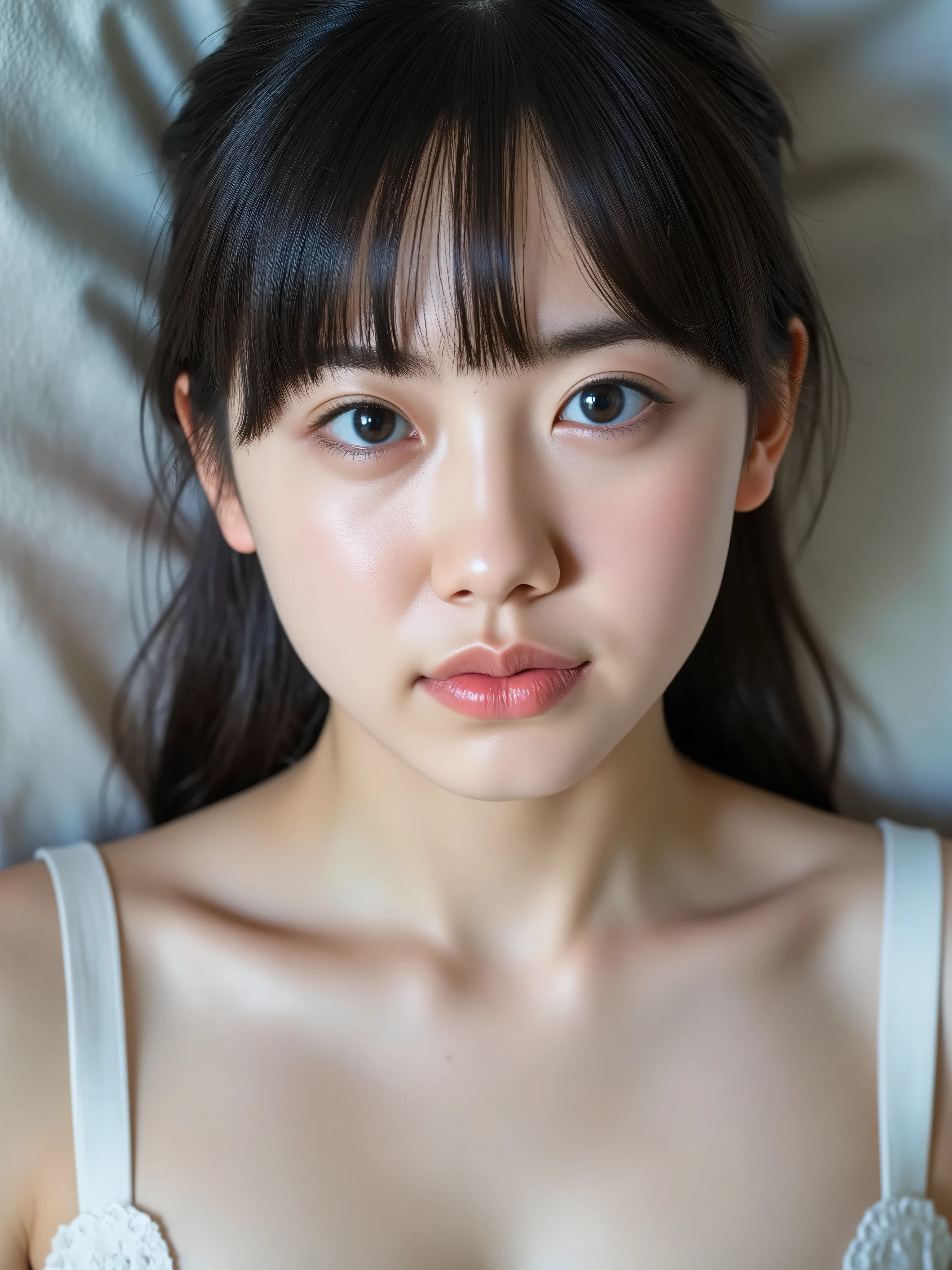 There is a woman with a white bra top on laying in bed - SeaArt AI