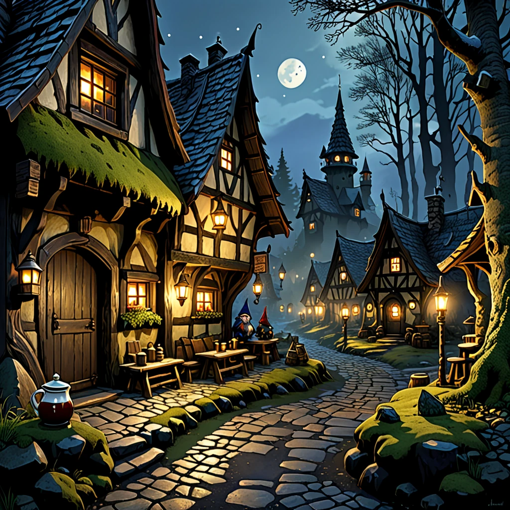" The dark village is immersed in a cold night , surrounded by a dense ...