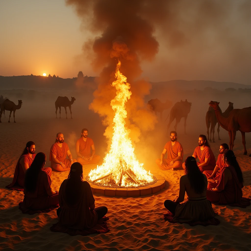 An intense yagna scene in the desert, with flames rising from the yagna ...