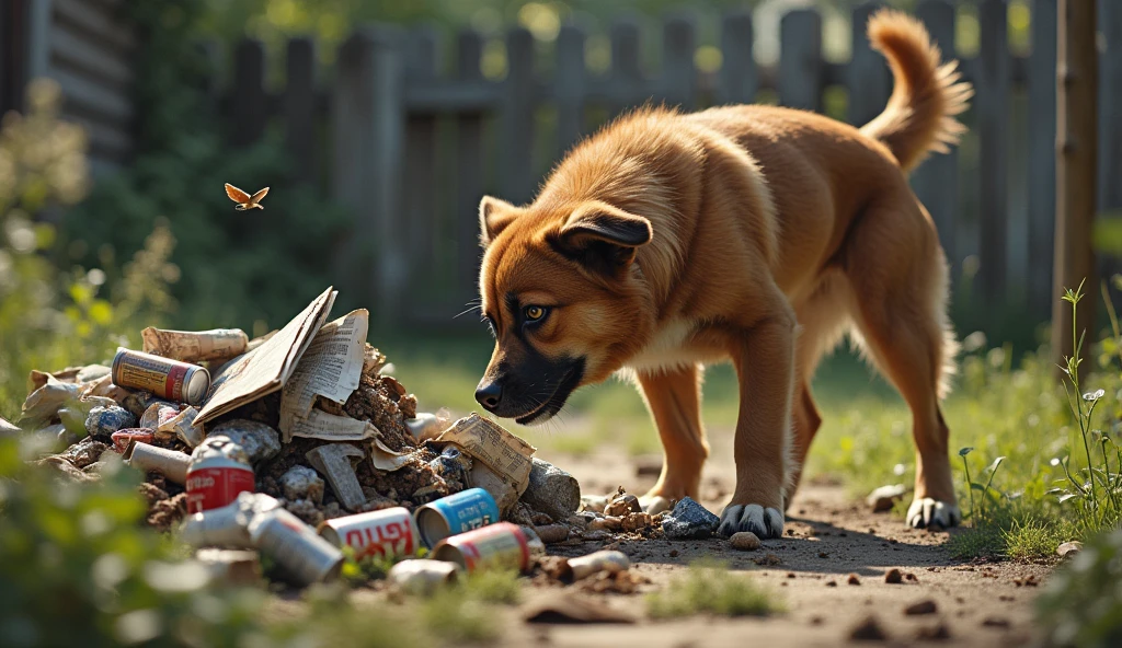 A dog sniffing a pile of trash with a curious but disgusted expression ...