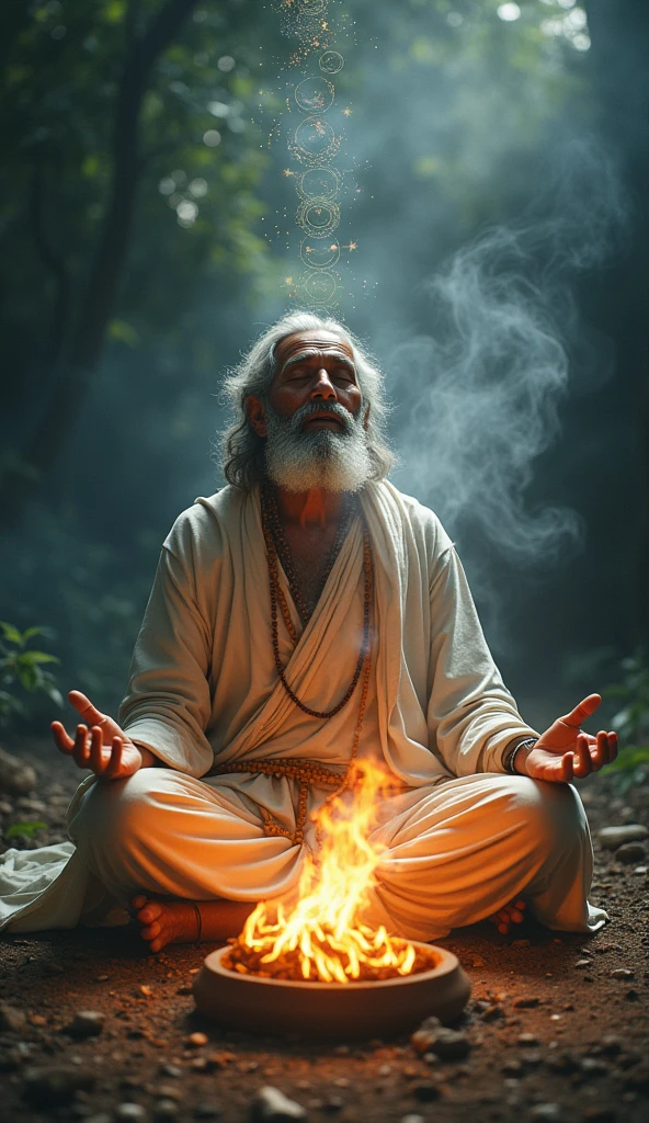 A glowing image of Baba Niranjan meditating near his dhuni, with divine ...