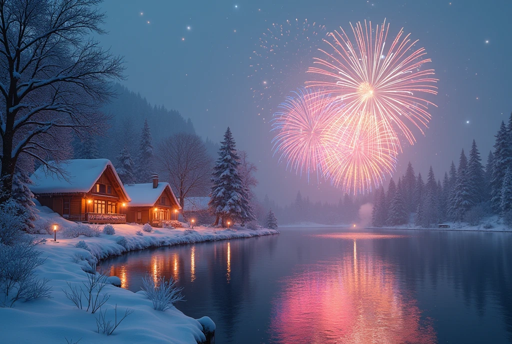 A magical winter landscape with snow-covered chalets on the opposite ...
