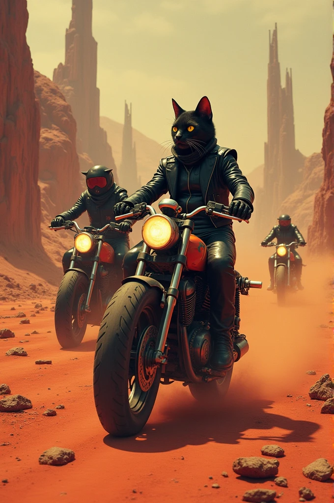 A mean crew of cat biker gang members, wearing kouign leather jackets ...