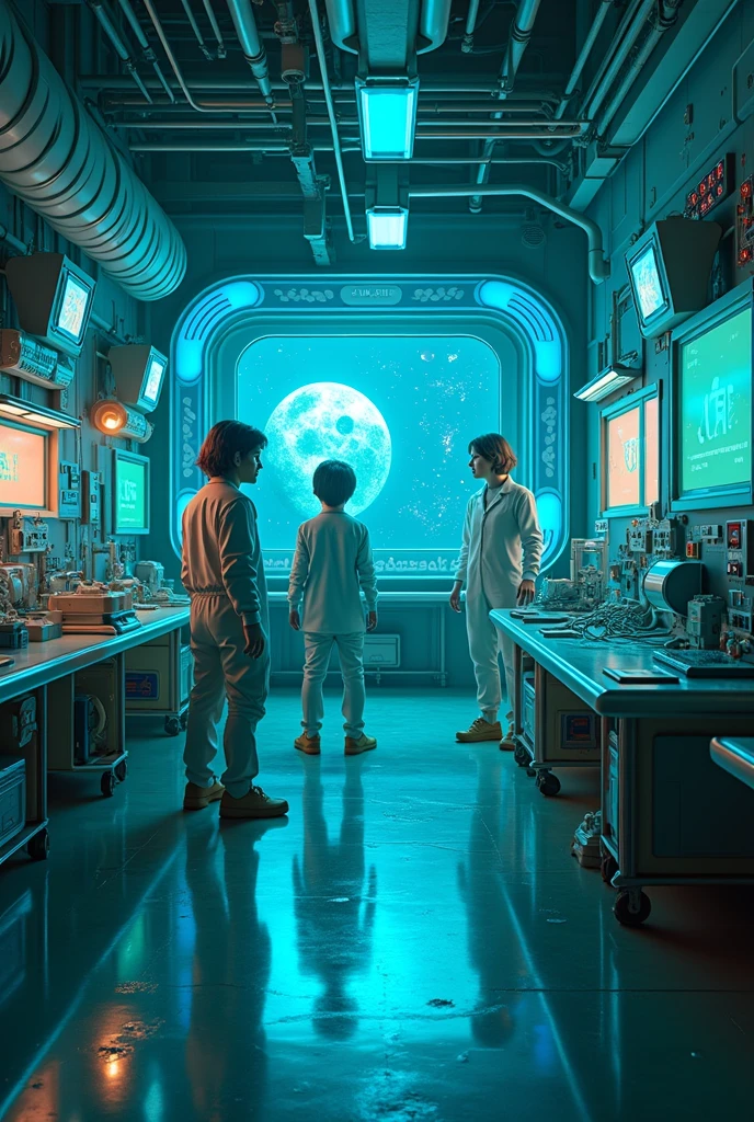 A fantasy scene of a high-tech space laboratory, containing bright ...