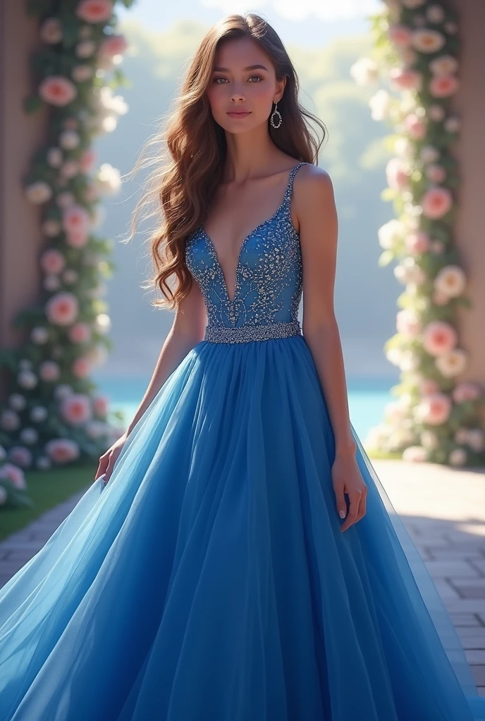 Make her wear a blue prom dress - SeaArt AI